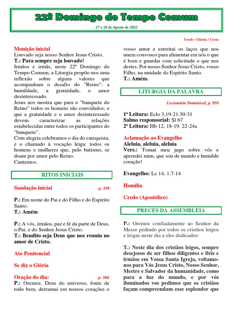 Liturgia da Palavra e Eucaristia de um Domingo do Tempo Comum | PDF ...