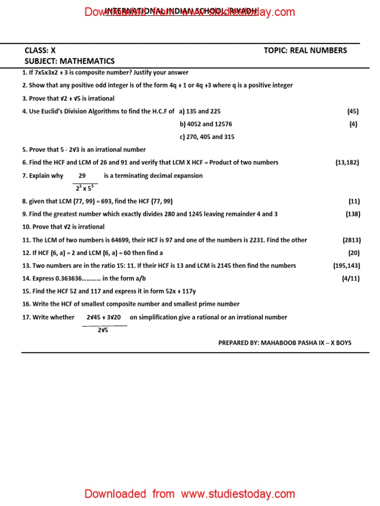 10th - Maths - Real Number - Assignment 1 - STPDF | Download Free PDF | Polynomial | Numbers