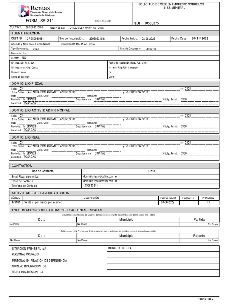 F 311 Solicitud de Cese IIBB Misiones | PDF | Gobierno