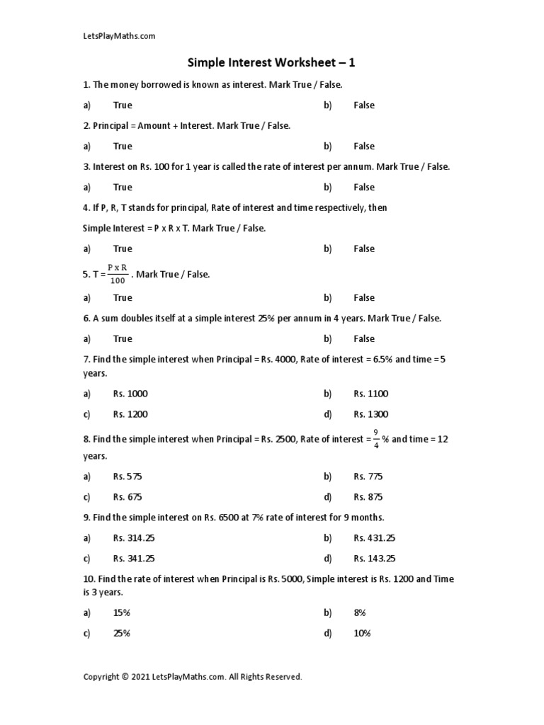 7th - Maths - Revision - Simple Interest - Birjot - 1 | PDF | Interest ...