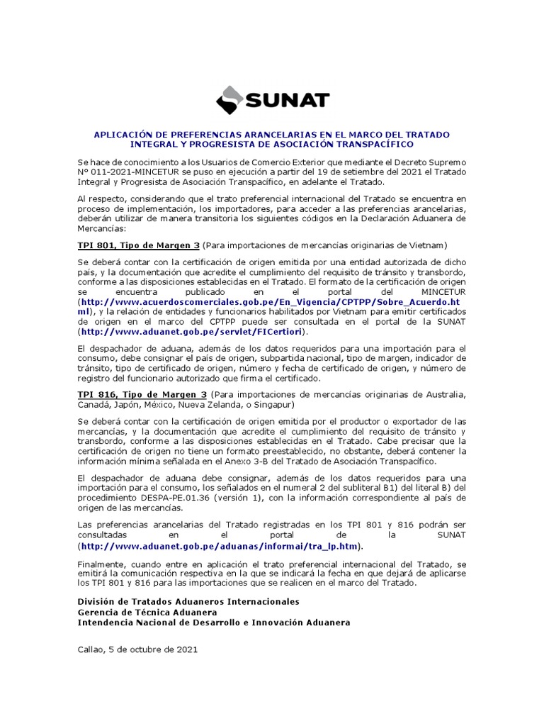 Aplicación CPTPP | PDF | aduana