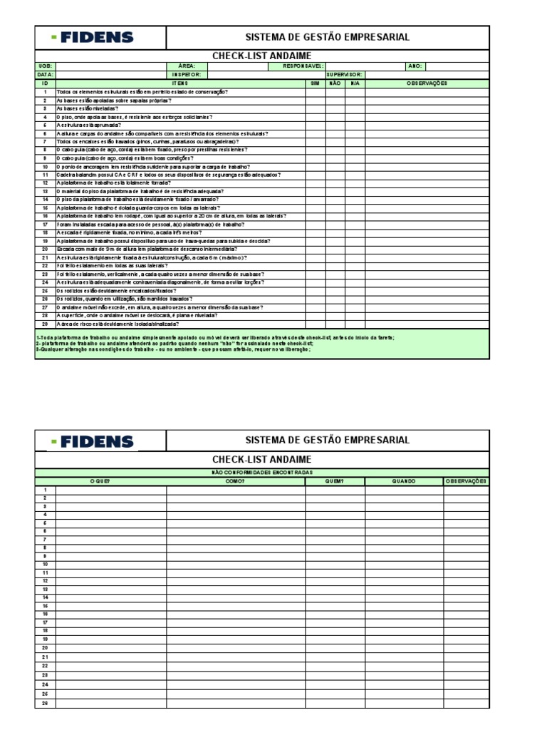 Check-list de inspeção de andaime de 29 itens | PDF
