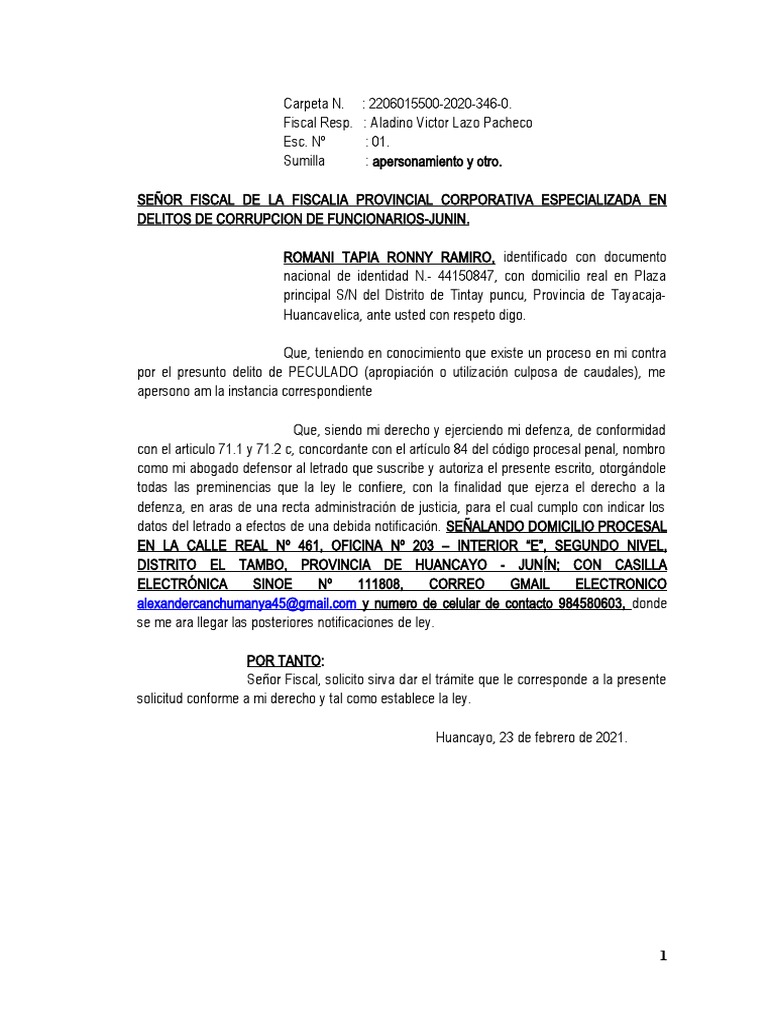 Apersonamiento Ronny | PDF