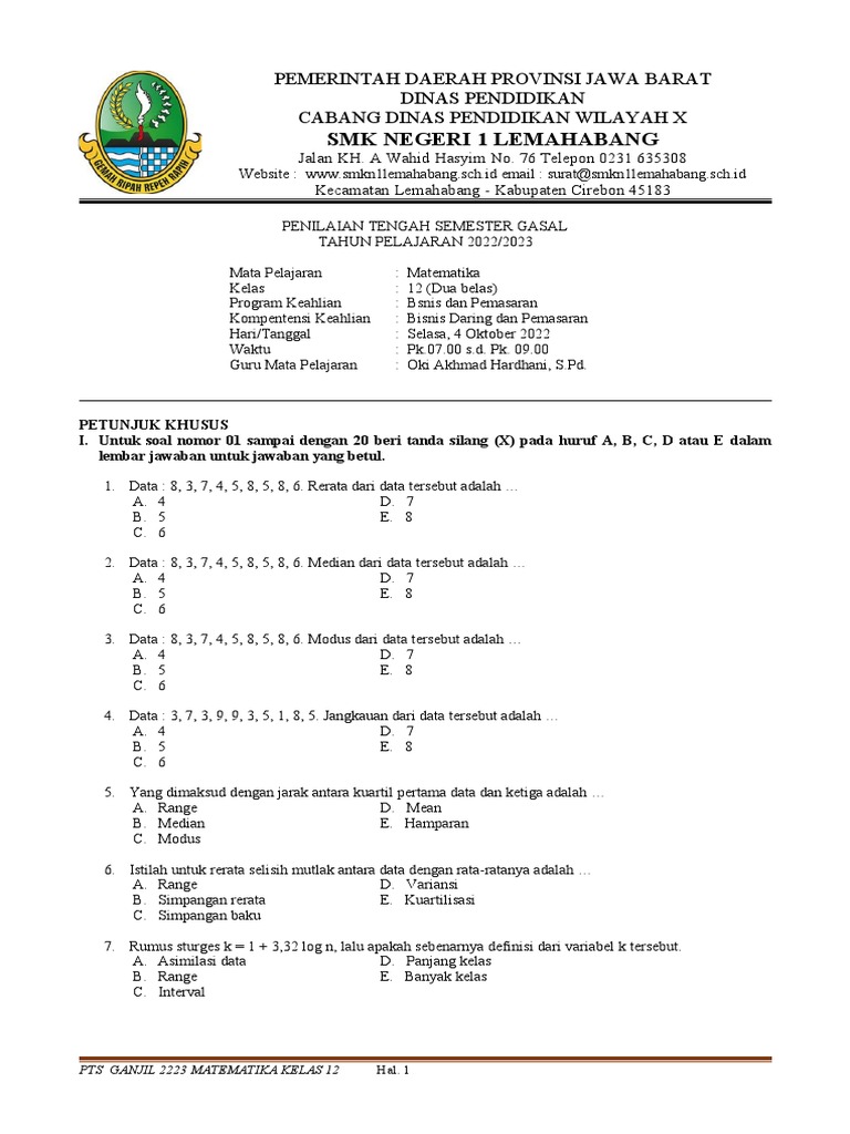 PTS Ganjil 2223 Matematika 12BDP | PDF