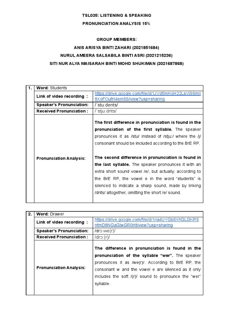 Pronunciation Analysis (Asasi Tesl Uitm - LNS Assignment) | PDF ...