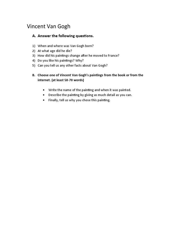 Vincent Van Gogh Questions | PDF
