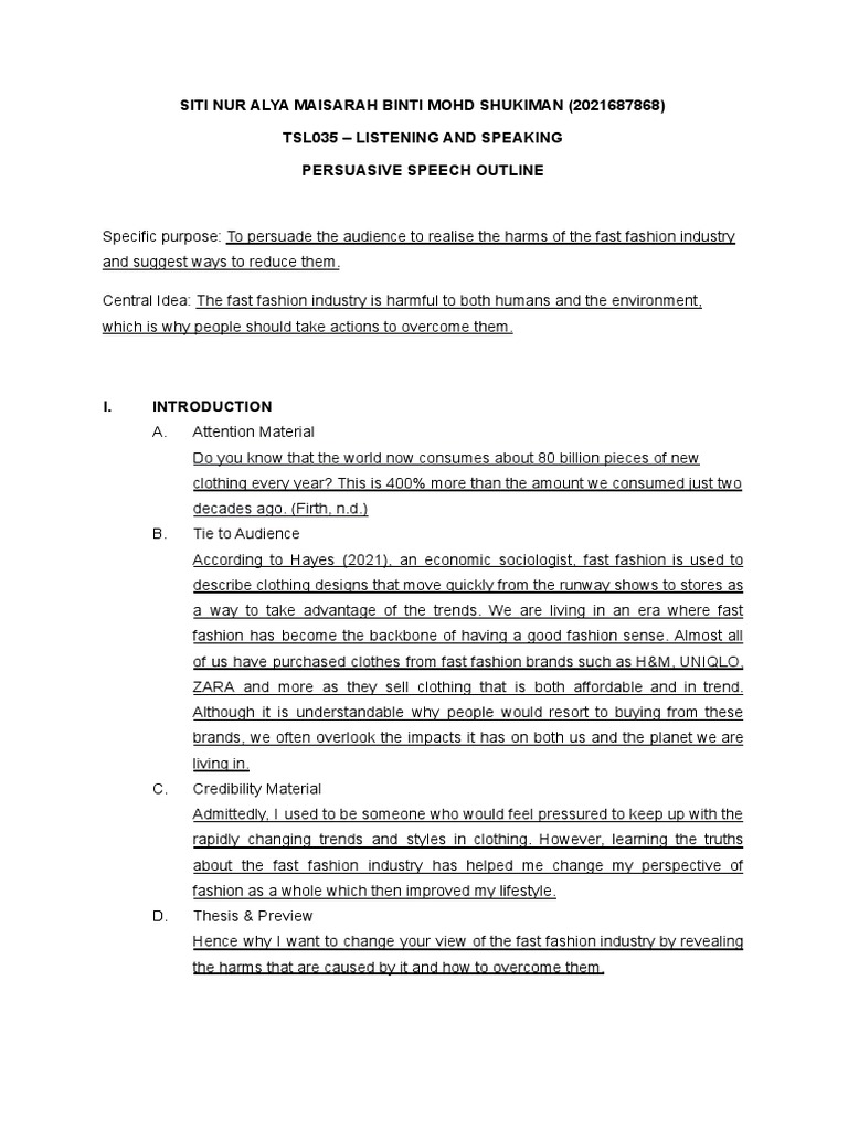 Persuasive Speech Outline (Asasi Tesl Uitm - LNS Assignment) | PDF ...
