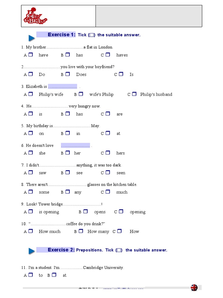Exercises Tests Elementary 1 | PDF | English Language | Grammar