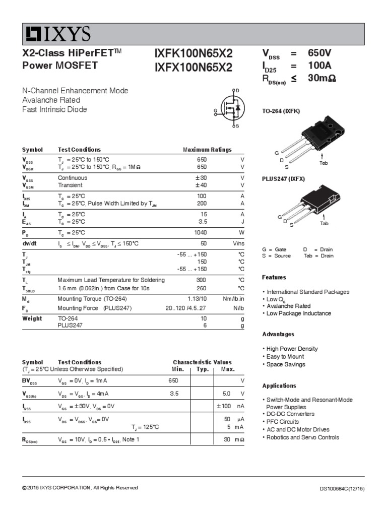 Ixfk100n65x2 100a 650v N Kanal Mosfet To264 Datasheet | PDF | Field ...
