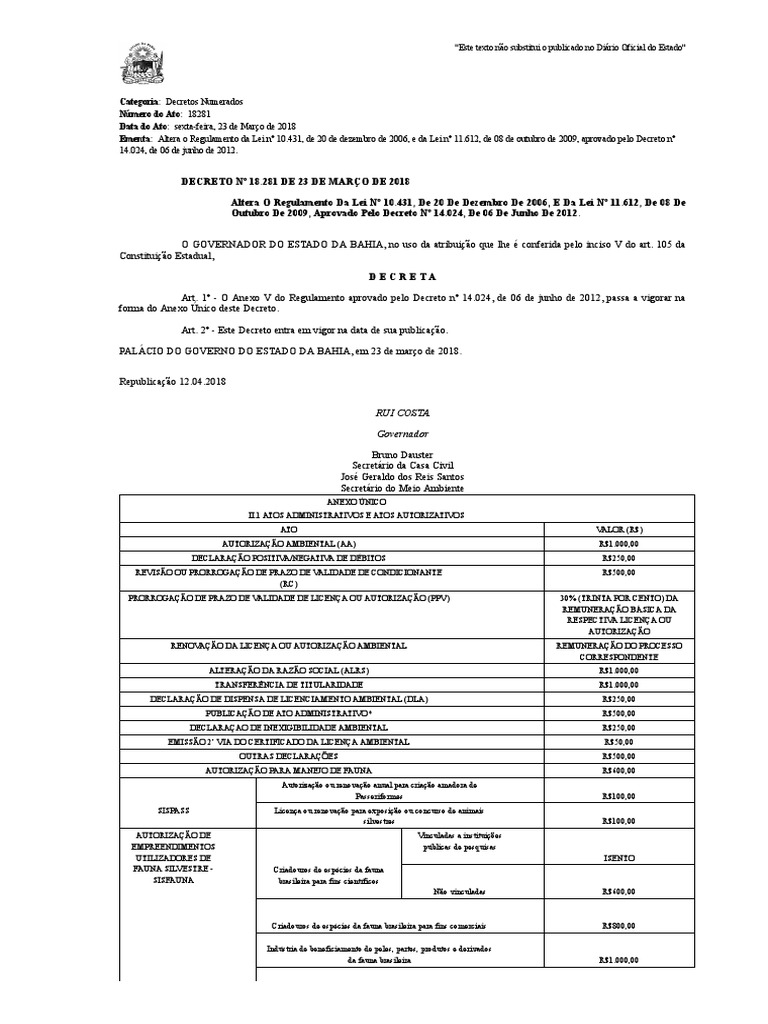 Decreto 18281 - Define Valores Das Taxas Do INEMA | PDF