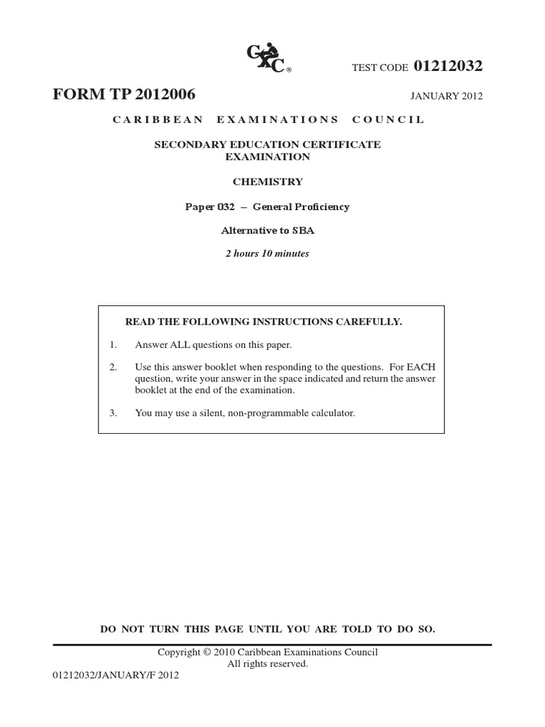 CSEC Chemistry January 2012 P032 | PDF | Sodium | Chemistry