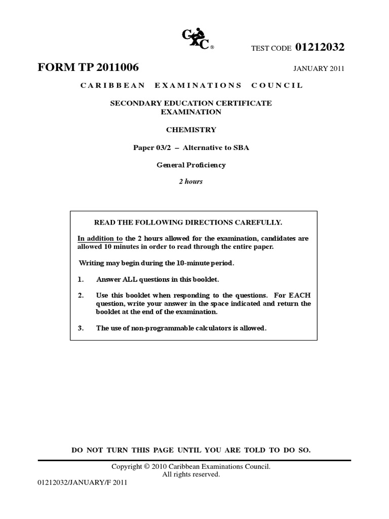 CSEC Chemistry January 2011 P032 | PDF | Combustion | Fuels