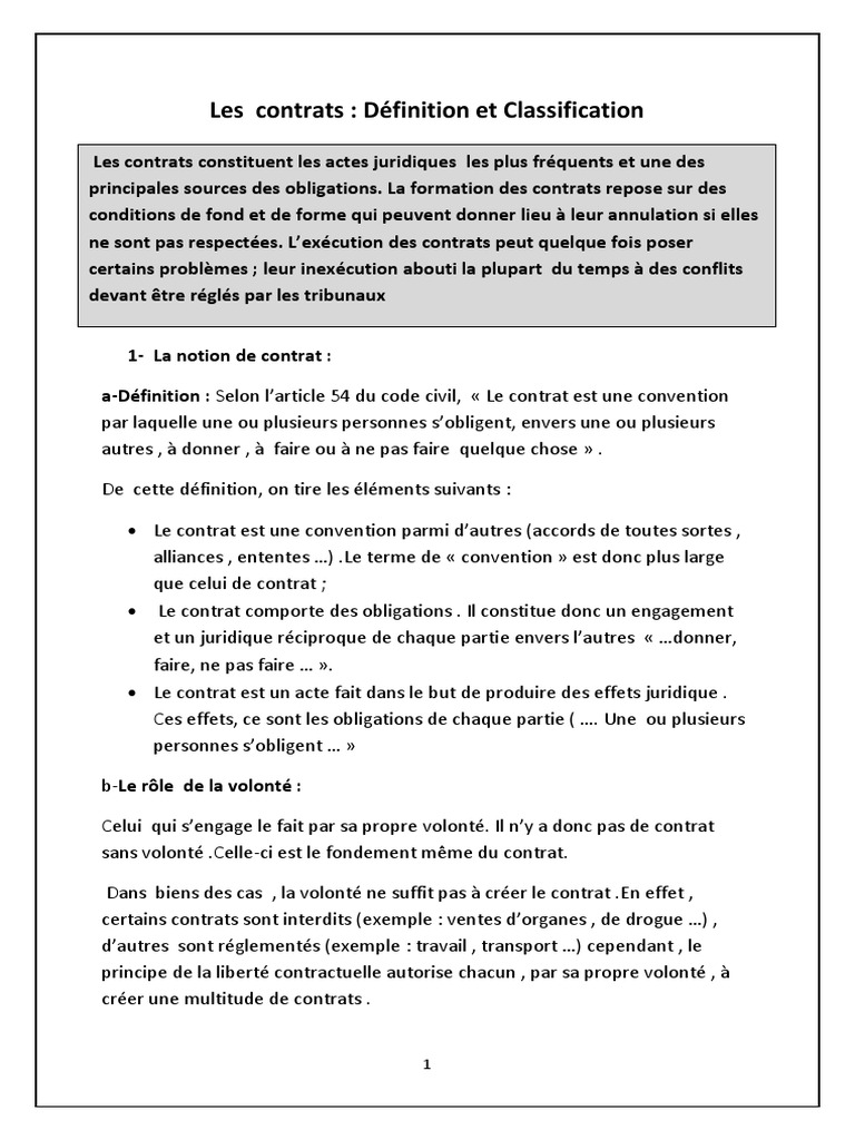 Définition et Classification des Contrats | PDF | Débiteur | Droit des ...