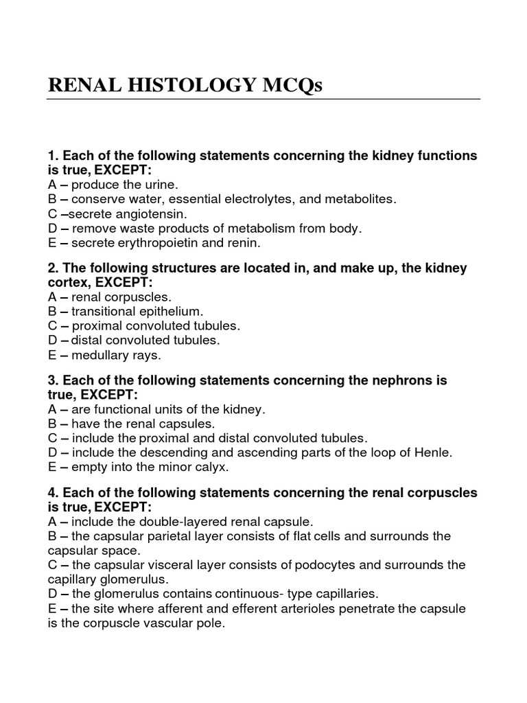 RENAL HISTOLOGY MCQs | PDF | Kidney | Abdomen