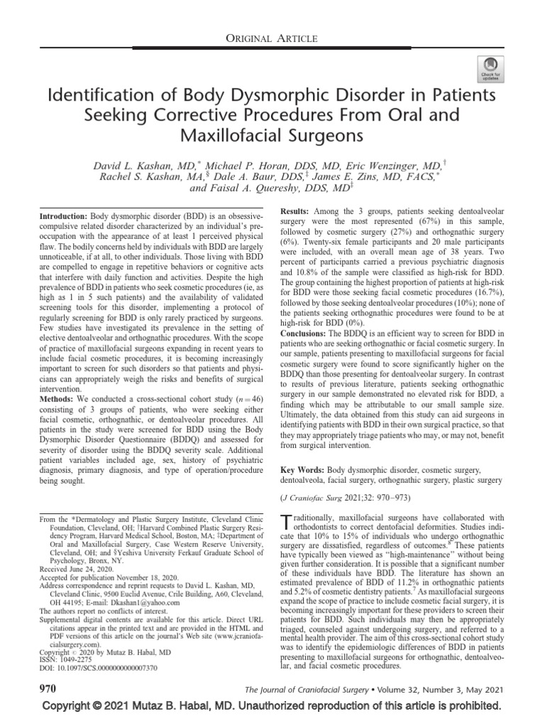 Identification of Body Dysmorphic Disorder In.38 | PDF | Plastic ...