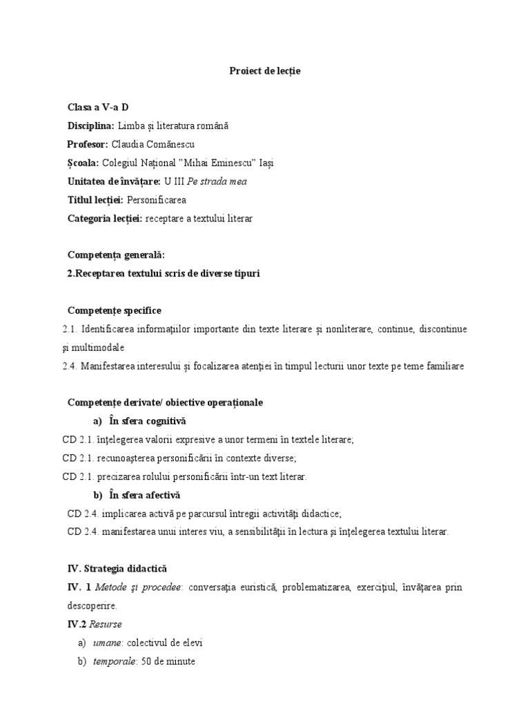 Proiect Didactic Personificare Cls V | PDF