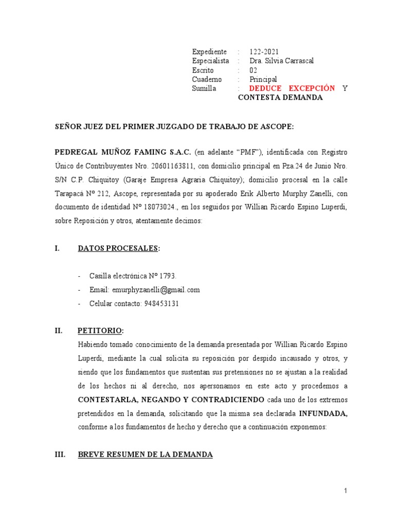 Modelo de Contestacion de Demanda Laboral - Pago de Beneficios Sociales ...