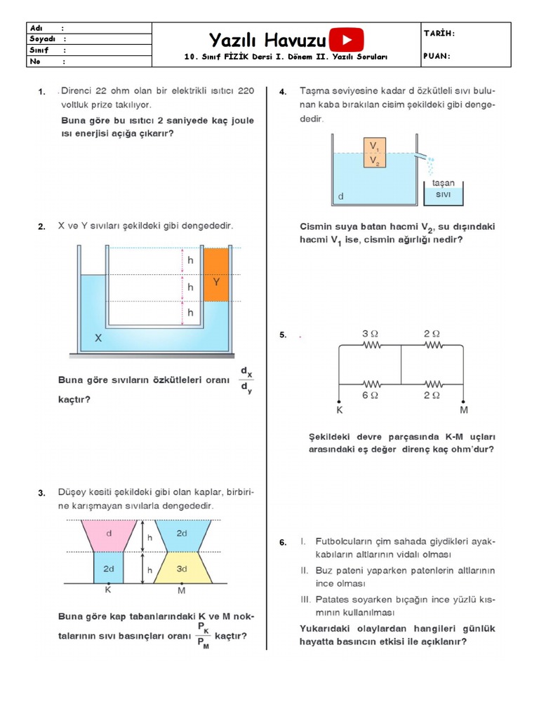 Fizik 10.sınıf 1.dönem 2.yazılı | PDF
