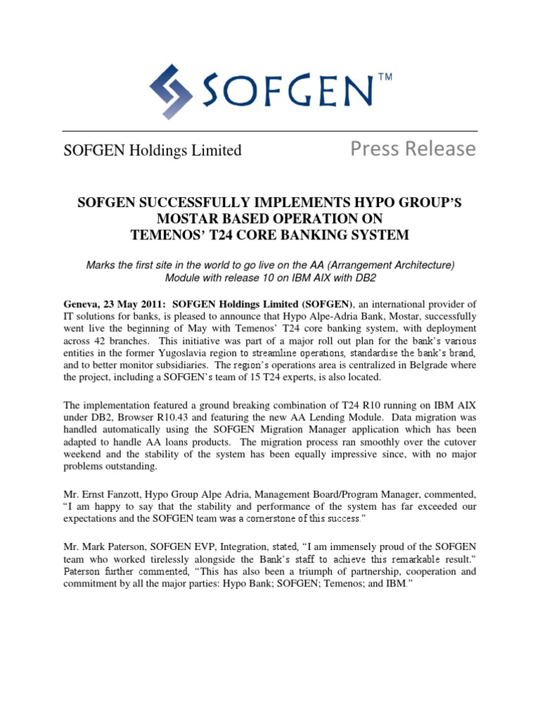 Sofgen Successfully Implements Hypo Group On Temenos t24 System | PDF | Banks | Computing