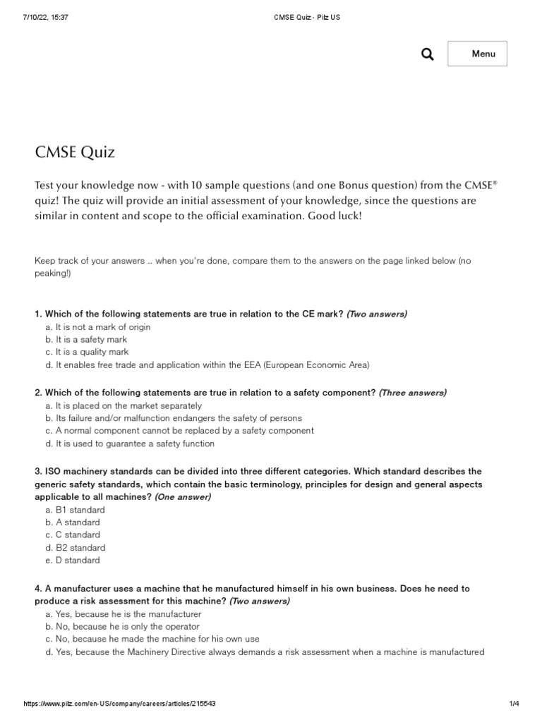 CMSE Quiz - Pilz US | PDF | Verification And Validation | Safety