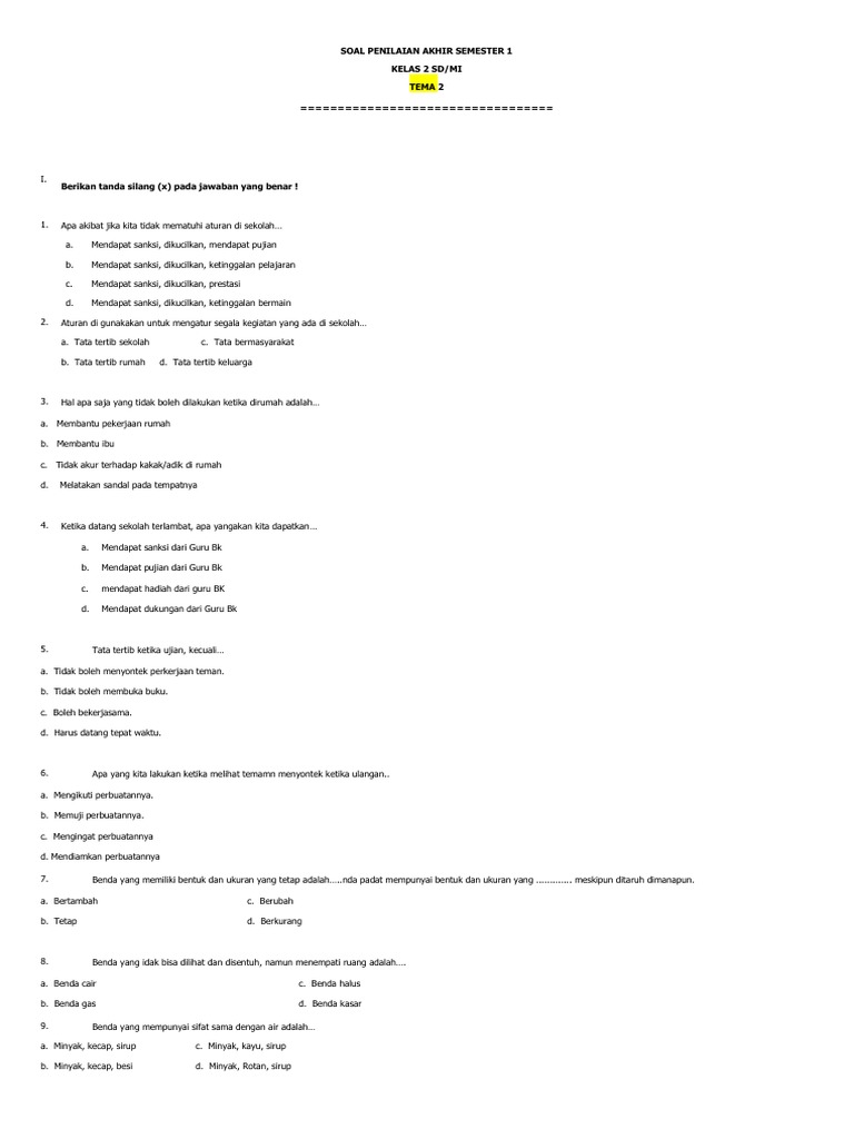 Soal PAS Kelas 2 Sem 1 Tema 2 - Reupload Kamimadrasah | PDF
