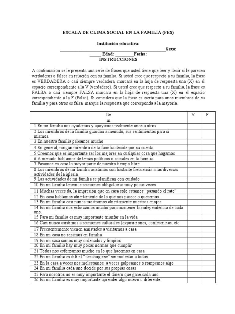 Escala de Clima Social en La Familia (Fes) | PDF