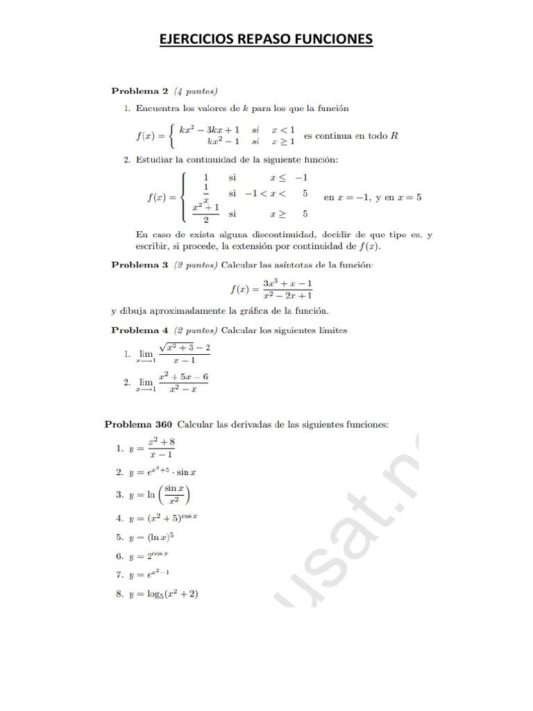 Ejercicios Funciones 2º Bachillerato | PDF