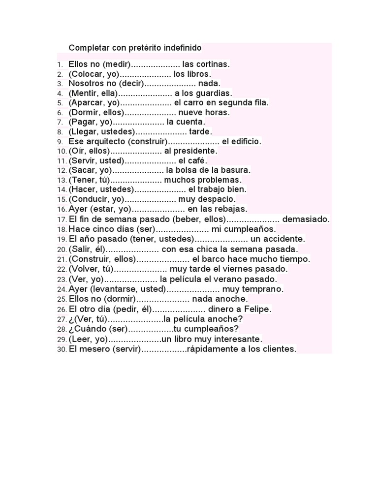 Ejercicios de pretérito indefinido | PDF