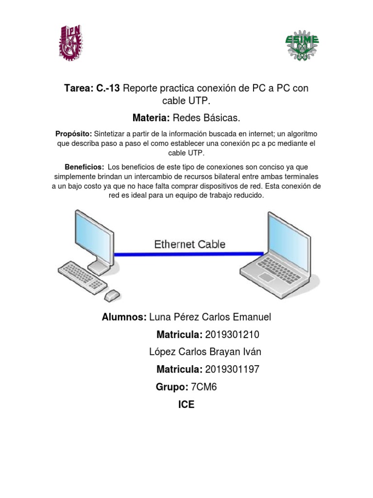 Tarea C-13 Reporte Practica Conexión de PC A PC Con Cable UTP | PDF | Protocolos de internet ...