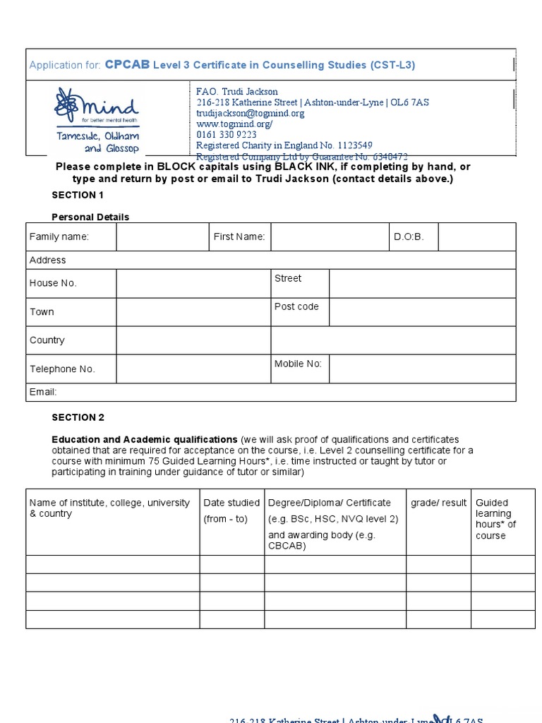 CPCAB Level3 Application-April 2021 Onwards | PDF | Mind | Mental Health