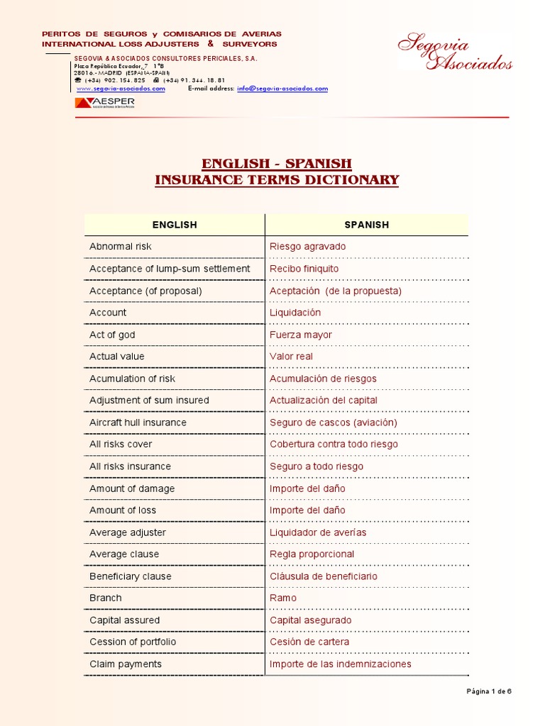 English - Spanish Insurance Terms Dictionary | PDF | Póliza de seguros ...