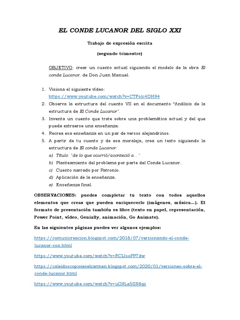 Indicaciones Trabajo Expresión Escrita El Conde Lucanor | PDF