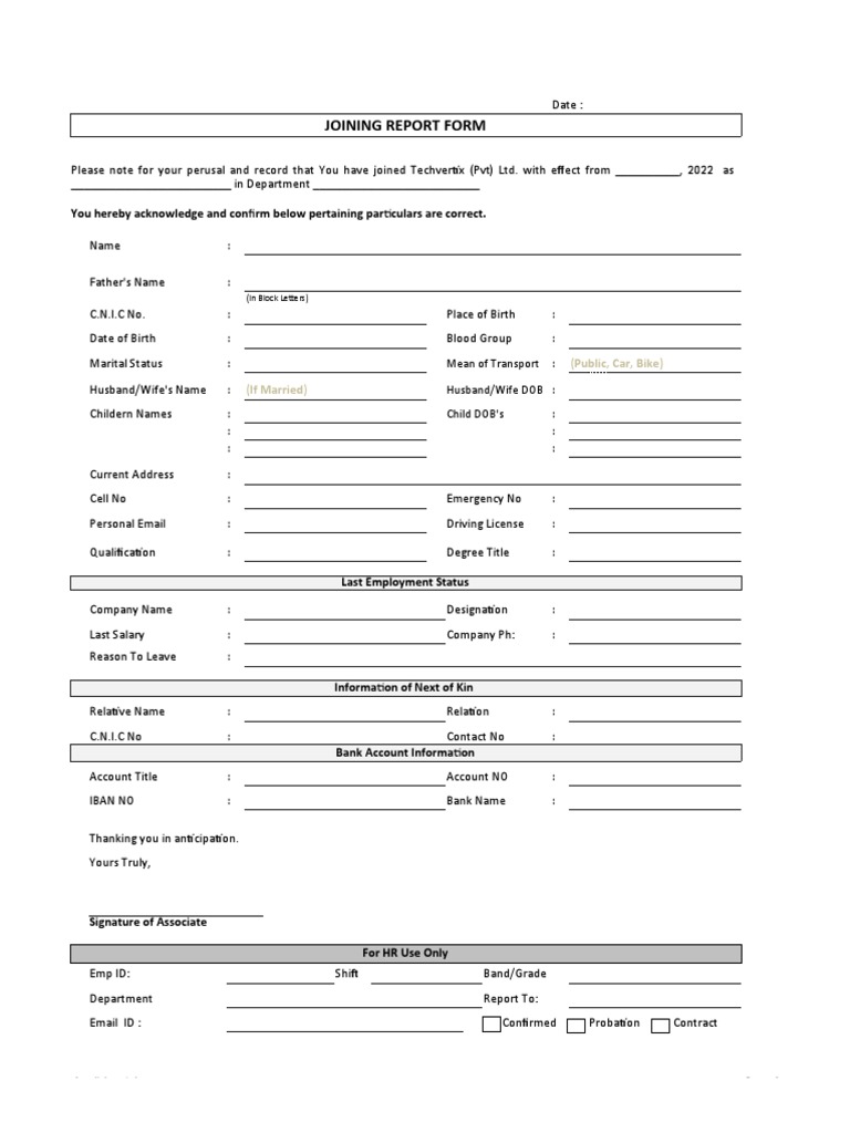 New Employee Joining Report Form | PDF