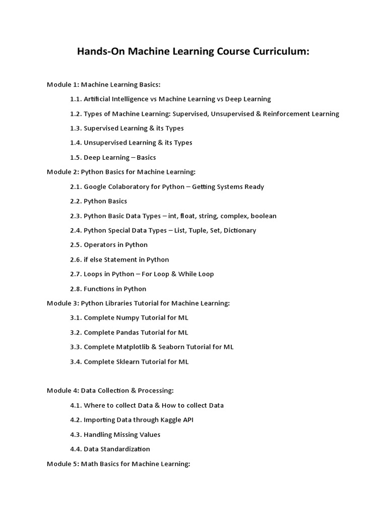 Comprehensive Machine Learning Course Outline | PDF | Machine Learning | Python (Programming ...