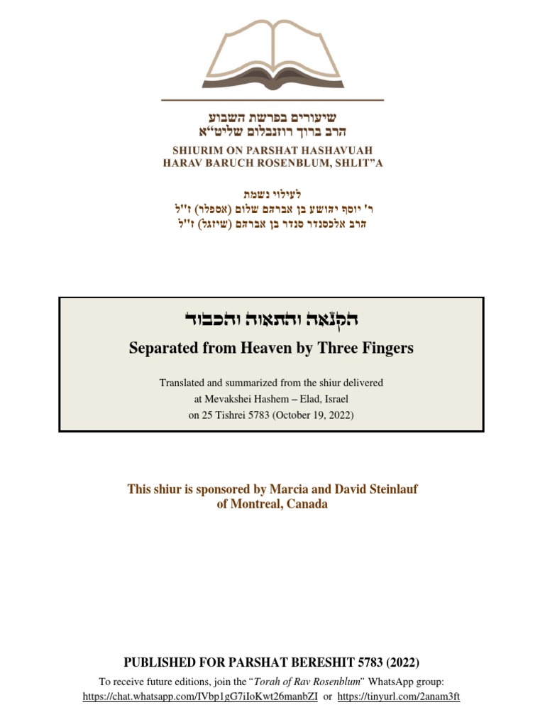 Rav Baruch Rosenblum - Bereshit 5783 - 5783 | PDF | Jewish Religious ...