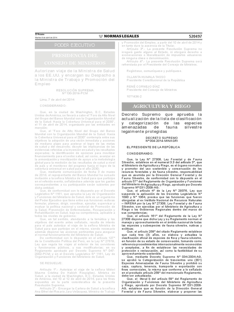 Ds04 2014 Minagri Pdf Especie En Peligro Fauna