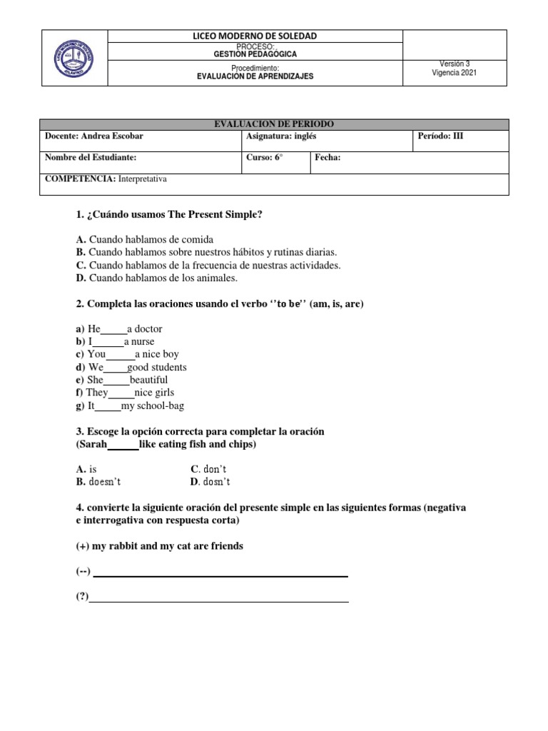 Evaluación de Inglés Sexto | PDF