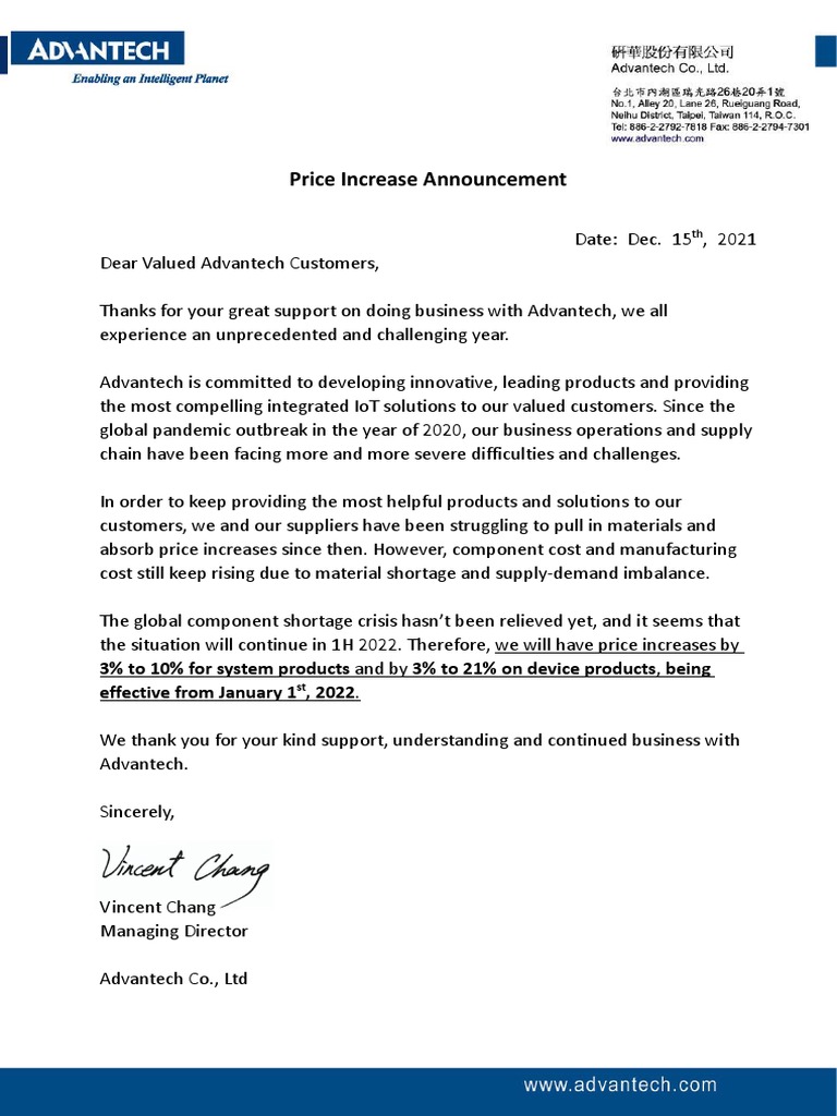 Advantech Price Increase Announcement | PDF