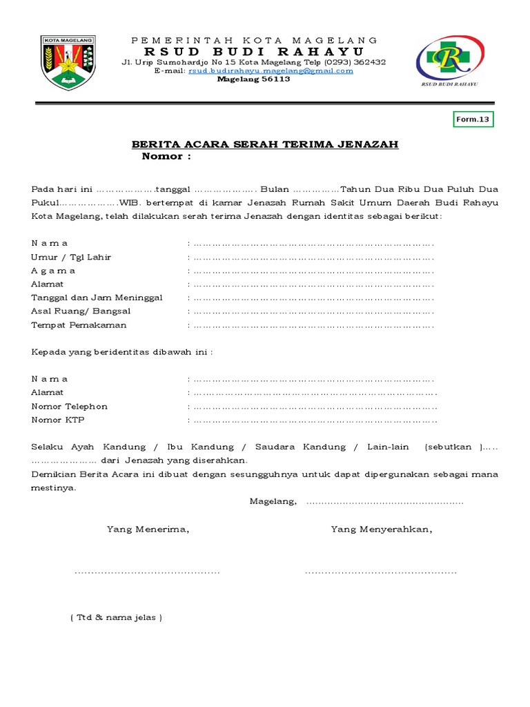 FORMULIR (13) Serah Terima Jenazah Keluarga | PDF