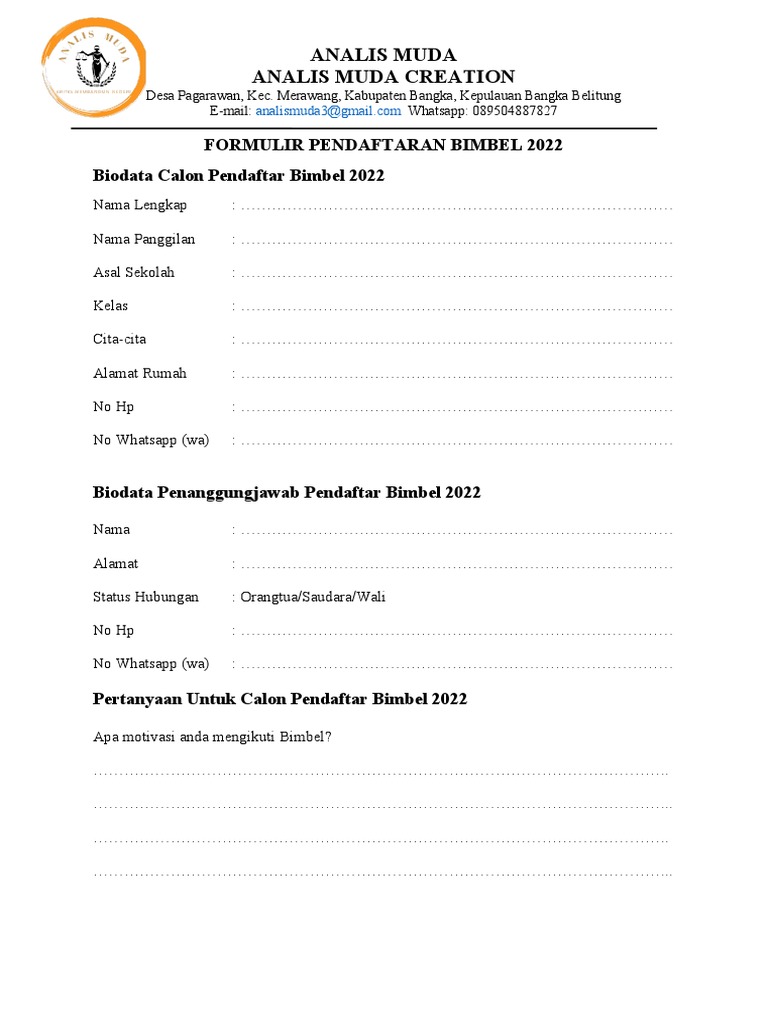 Formulir Pendaftaran Bimbel 2022 | PDF