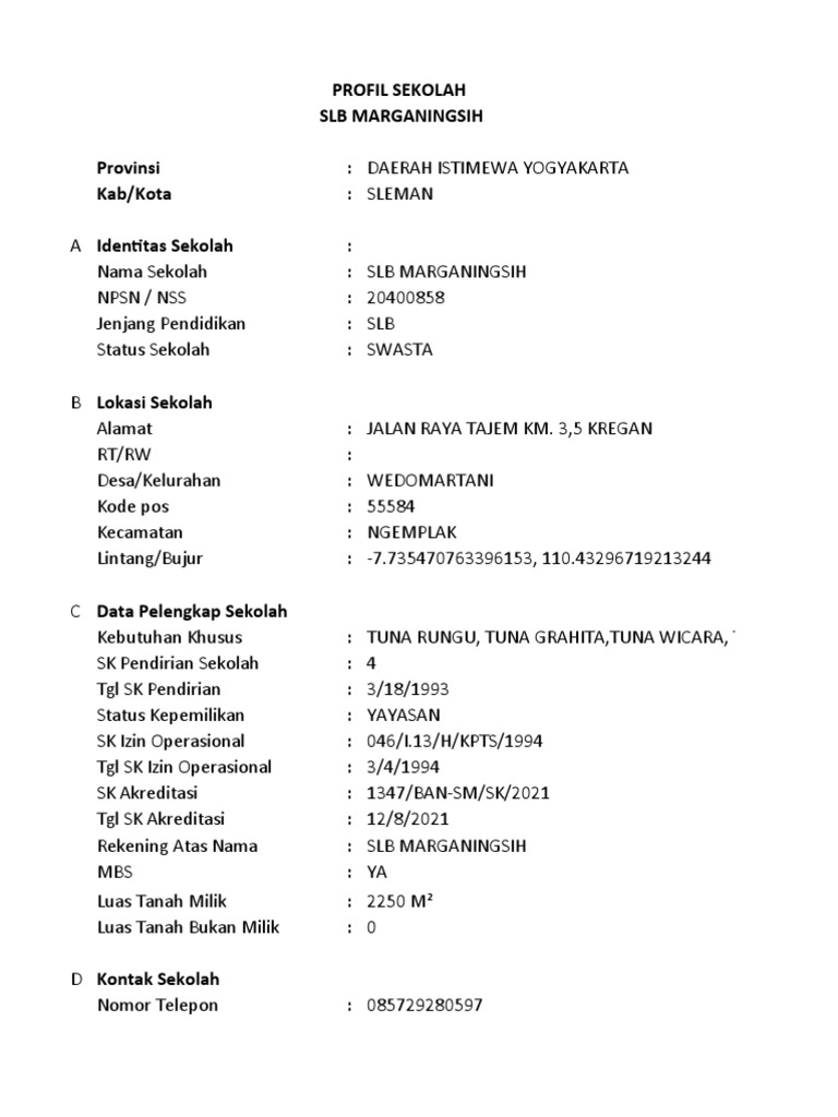 Profil Sekolah SLB Marganingsih | PDF