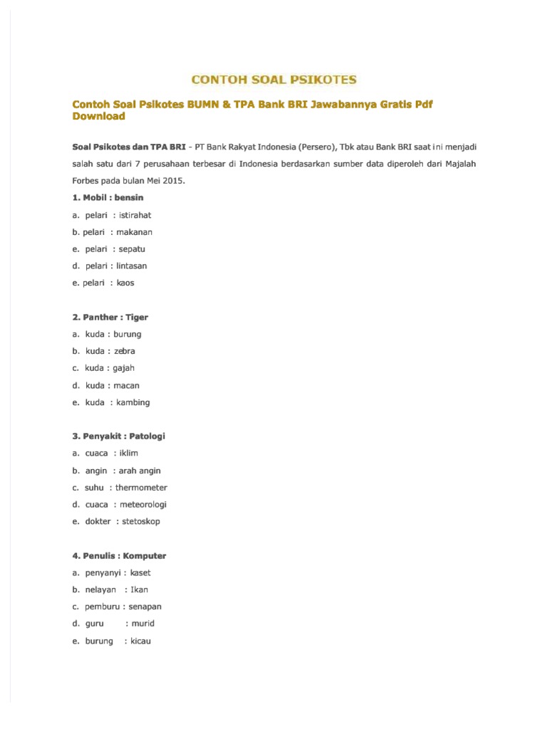 PDF Contoh Soal Psikotes Bumn Amp Tpa Bank Bri Jawabannya Gratis PDF ... PDF Contoh Soal Psikotes Bumn Amp Tpa Bank Bri Jawabannya Gratis PDF ...
