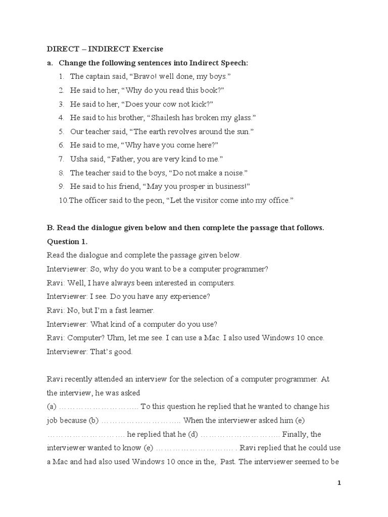 Direct Indirect Exercise A | PDF