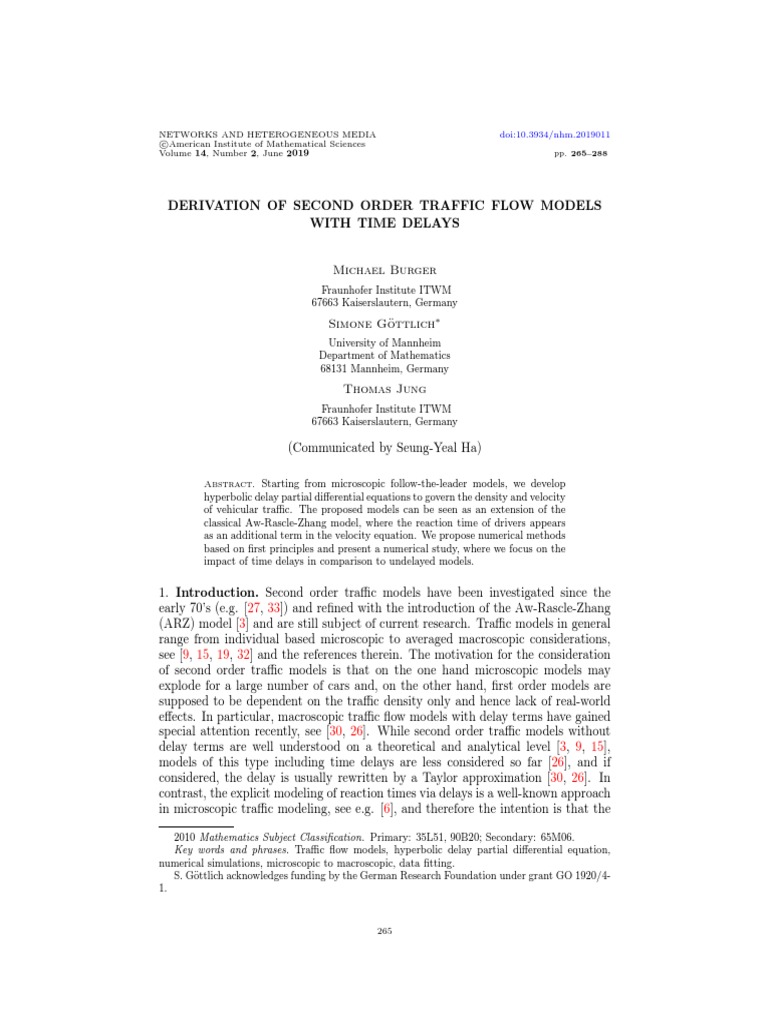 Derivation of Second Order Traffic Flow Models With Time Delays | PDF | Differential Equations ...
