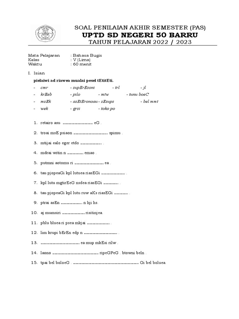 Soal Pas Bahasa Bugis 2022 | PDF