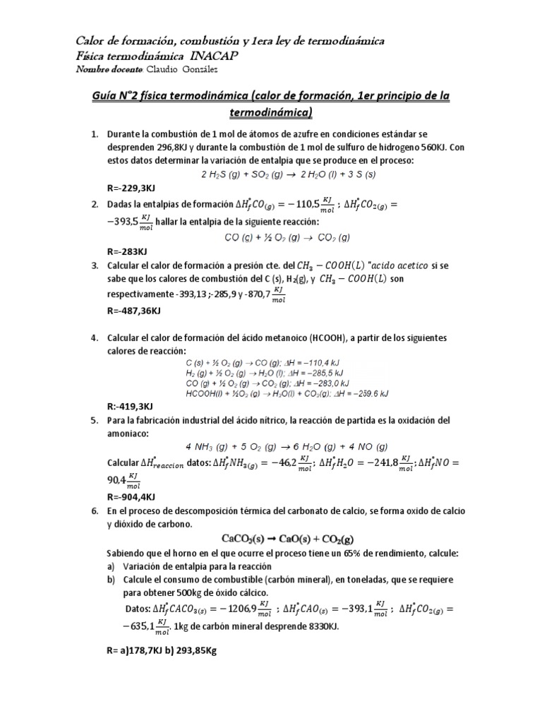 Termodinámica y la primera ley: Calor de formación, combustión y ...