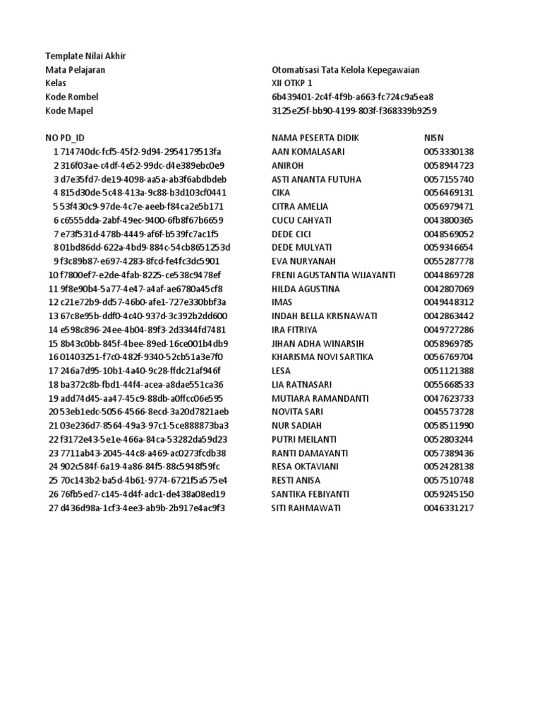 Template Nilai Akhir Mata Pelajaran Otomatisasi Tata Kelola Kepegawaian Kelas XII OTKP 1 | PDF