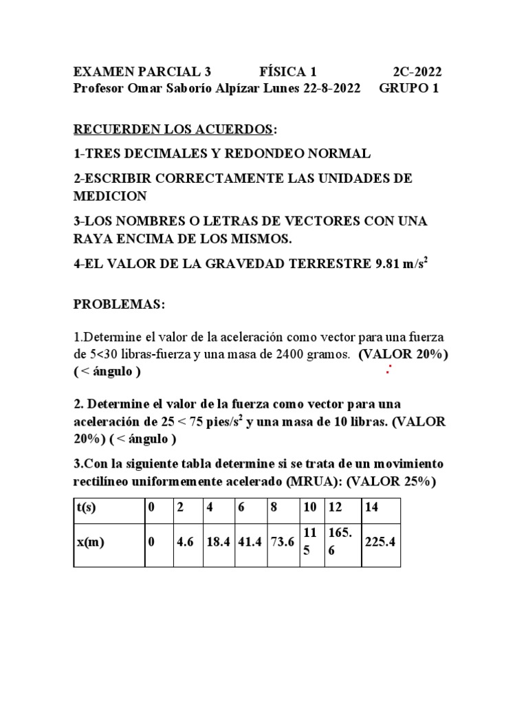 Examen 3 Física 1 2C-2022 Grupo Lunes | PDF