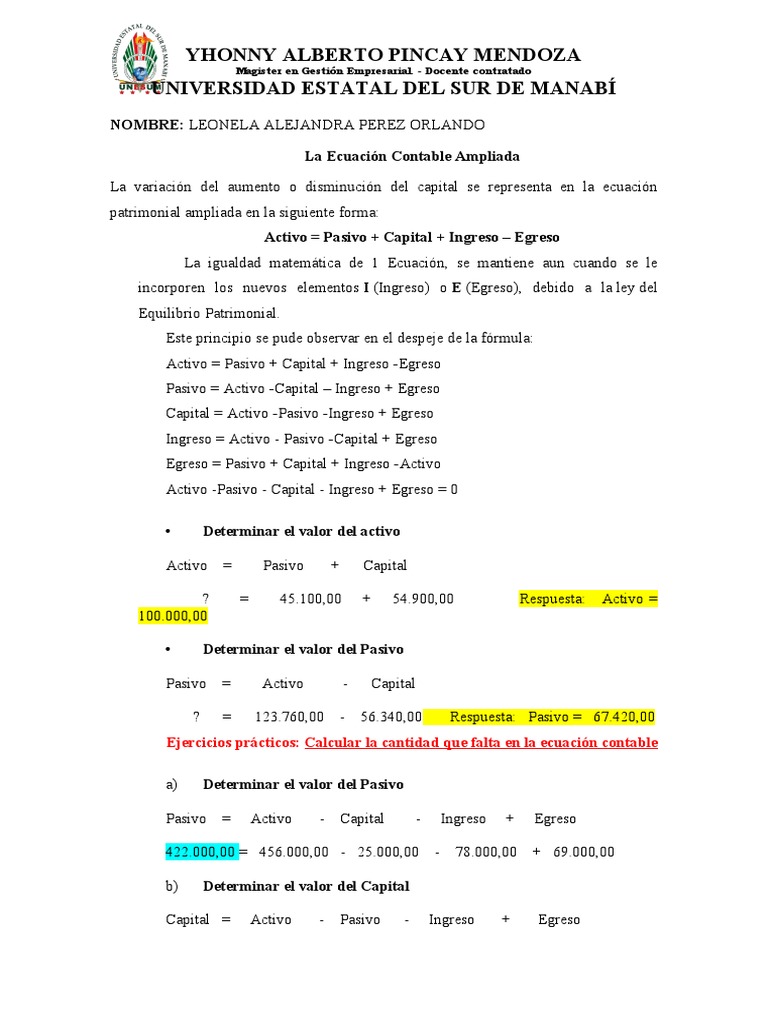 Trabajo Autonomo # 4 (Ejercicios de Ecuacion Contable) | PDF | Contabilidad | Ecuaciones