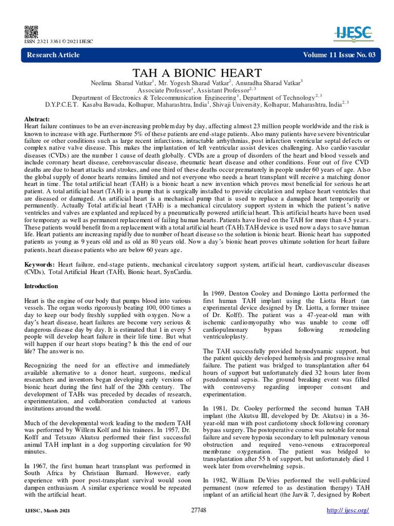 .TAH A Bionic Heart - IJESC | PDF | Heart | Angiology